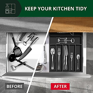 ROYAL CRAFT WOOD Bamboo Kitchen Drawer Organizer - Silverware Organize and Cutlery Tray with Grooved Drawer Dividers for Flatware and Kitchen Utensils (7 Slot, Black)