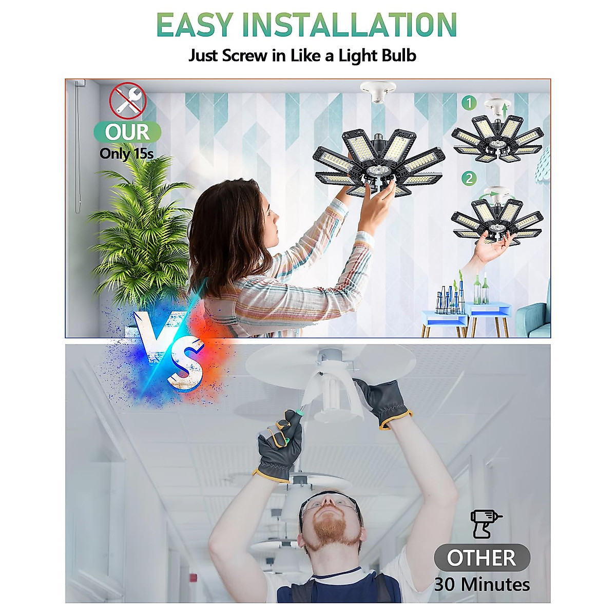 YIBEYYDS LED Garage Lights Garage Light - 240W 24000LM Garage Lights Ceiling LED，6500K LED Garage Ceiling Lights with 8+1 Deformable Panels Support E26/E27 for Garage, Workshop, Basement (2)