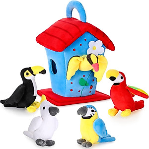 Skylety 5 Pcs Bird Stuffed Animal with Plush Bird House Bird Plush Toy Cockatoo Macaw Parrot Red Macaw Oriole Toucan for Animal Themed Birthday Party Toys