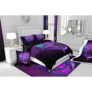 Erosebridal Galaxy Bedding Set Queen Size Dream Catcher Comforter Cover Boho Theme Duvet Cover Set Dragon and Feather Printed 3 Piece Bedding Decorative with 2 Pillow Cases for Kids Adults,Purple