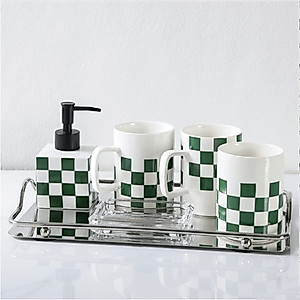 UTOYA Durable Bathroom Accessory Set,4 Pcs Checkerboard Bathroom Vanity Countertop Décor-Soap Dispenser,Toothbrush Holder,Mouthwash Cup,Tray Replacement