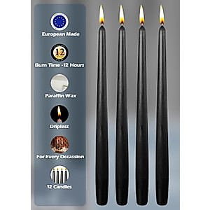 12 Pack Tall Taper Candles - 14 Inch Black Dripless, Unscented Dinner Candle - Paraffin Wax with Cotton Wicks - 12 Hour Burn Time