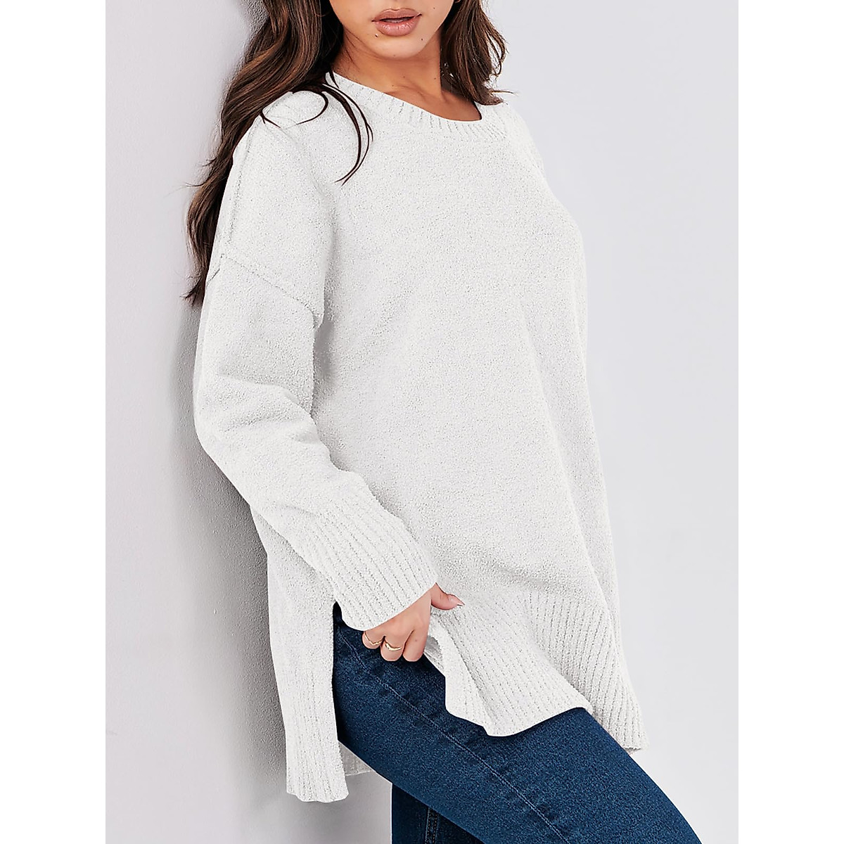 ANRABESS Women's 2024 Fall Oversized Long Sleeve Chunky Fuzzy Knit Casual Crewneck Warm Pullover Sweaters Top Trendy Outfits White