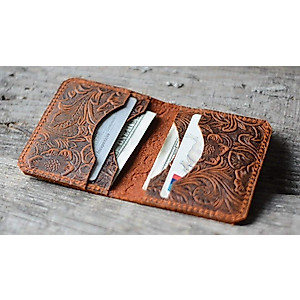 JJNUSA Handmade Distressed Men's Minimalist Leather Wallet Card Holder Wallets for Gifts Brown Flower style2