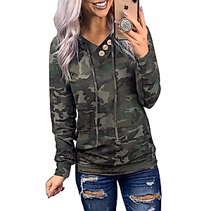 Dokotoo Ladies's Casual Camo Hoodies Long Sleeve Sweatshirt Drawstring V-Neck Pullover Loose Tops Shirts with Kangroo Pocket 2024 Fashion Fall Hooded Sweatshirt Green Large