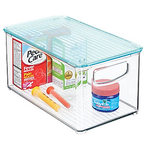 mDesign Plastic Baby Storage Bin Box Organizer Container with Lid/Handles for Organizing Playroom, Nursery, Dresser - Holds Diapers, Baby Clothes, Wipes, Toys, Ligne Collection, 2 Pack, Clear/Blue