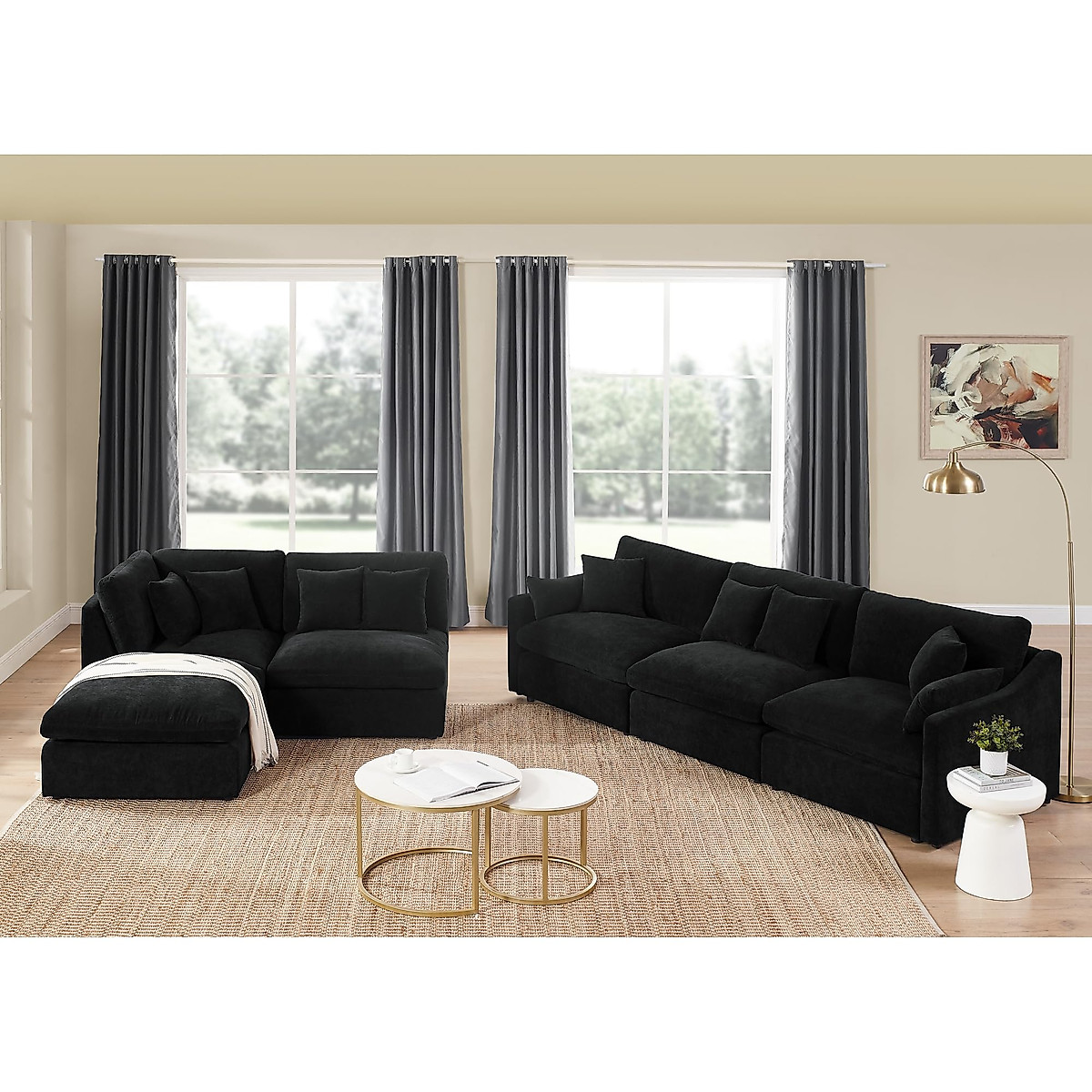 Yoglad Modern Oversized Modular Sectional Sofa Set with Down Feathers, L-Shaped Chenille Upholstered Couch with Ottoman and 10 Pillows for Living Room or Apartment (Black)