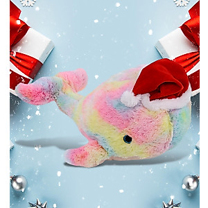 DolliBu Santa Extra Large Rainbow Whale Stuffed Animal Plush Toy - Wild Animal Dress Up with Red Santa Claus Hat, Wildlife Gift, Perfect Holiday with Name Personalization - 15 Inches