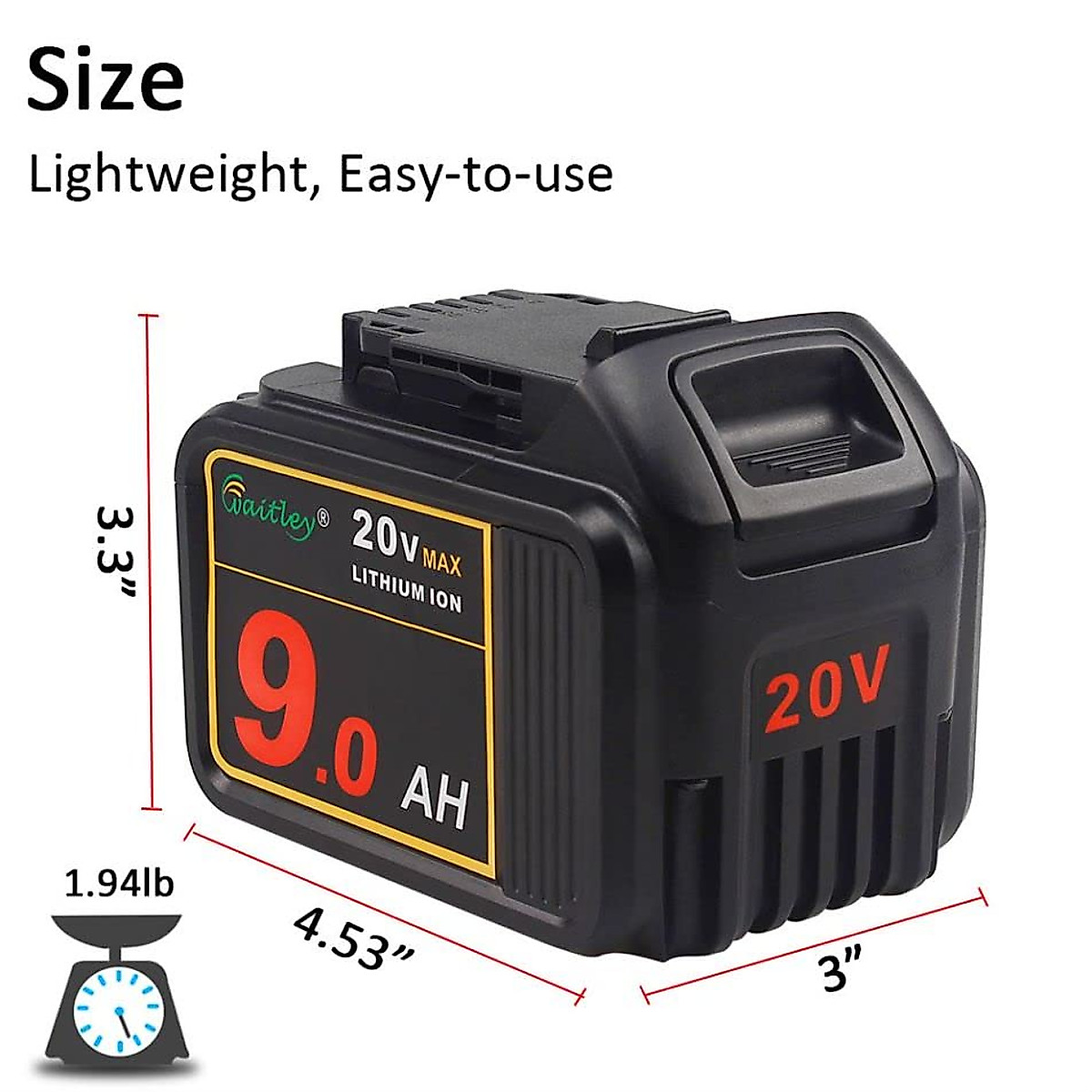 waitley 20V 9.0Ah Lithium Ion Battery Compatible with DEWALT DCB200 DCB209 Tools with LED Indicator