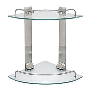 MODONA Double Corner Glass Shelf with Rail – Satin Nickel – 5 Year Warrantee