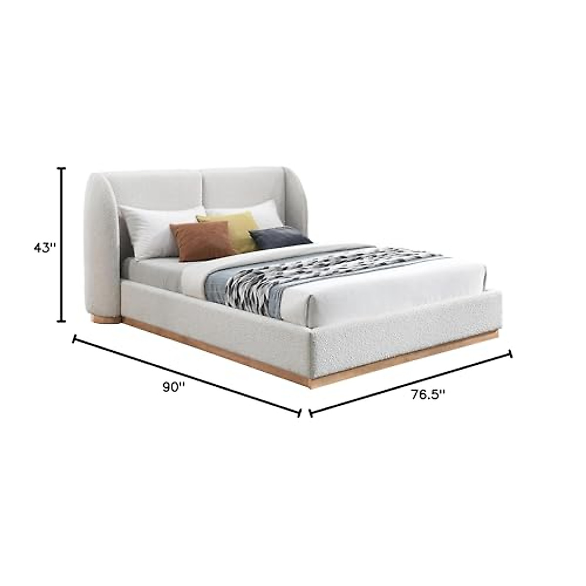 Meridian Furniture JardinCream-Q Jardin Collection Art Deco Queen Bed with Rich Cream Boucle Fabric, Solid Wood Base, Rounded Wing Back Bed, 65.75" W x 90" D x 40.25" H, Cream, Queen