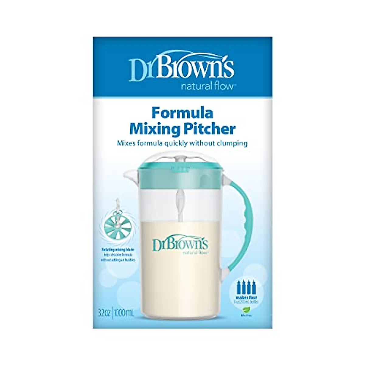 Dr. Brown's Baby Formula Mixing Pitcher with Adjustable Stopper, Locking Lid, & No Drip Spout, 32oz, BPA Free, Teal