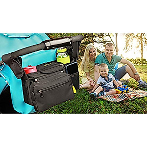 HUJOM Universal Stroller Organizer with Insulated Cup Holders, Shoulder Strap, Phone Bag and Wipes Pocket. Caddy Fits Uppababy, Baby Jogger, Britax, BOB. Must have Stroller Accessories.