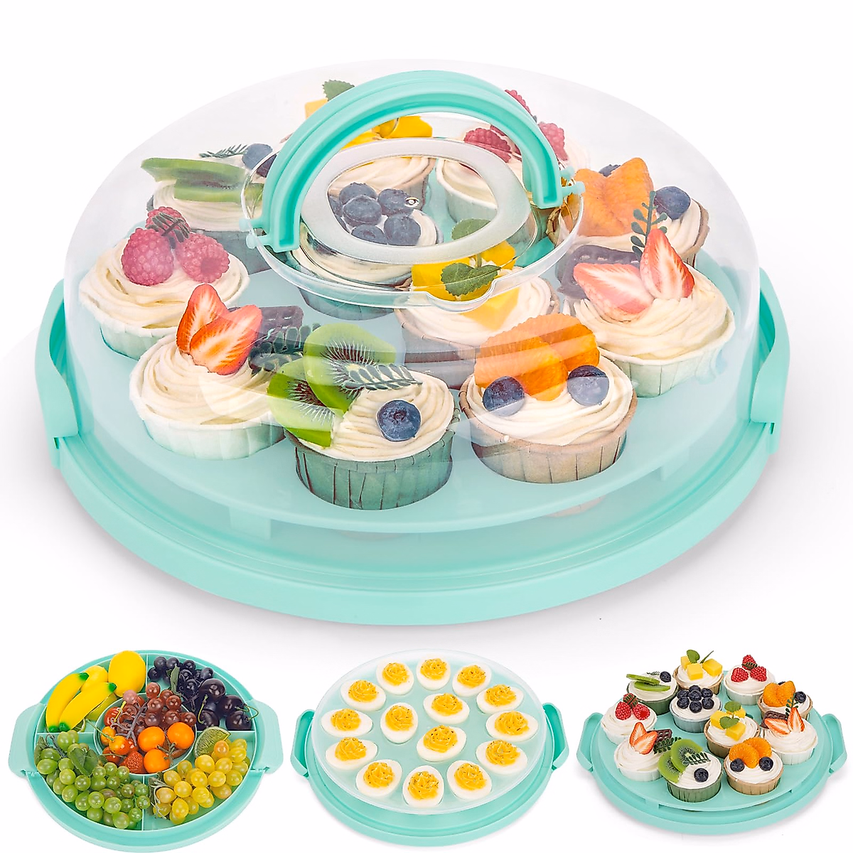 HANSGO Round Cake Carrier, Cake Container with Lid and Handles 3-in-1 Multipurpose Cake Keeper Holder Platter for Cupcake Devil Eggs 10 Inch Cake Dishwasher Safe
