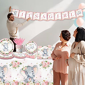 142Pcs Pink Elephant Baby Shower Decorations for Girl It's A Girl Plates and Napkins Set with Cups Forks Tablecloth and Banner Baby Girl Gender Reveal Decorations Pink Baby Shower Party Supplies