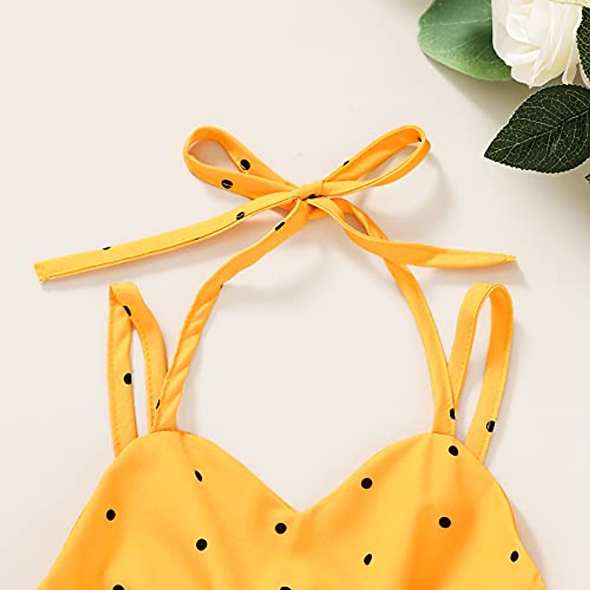 Toddler Girls Dress Halter Dots 3-Layer Pleated Party Dress Chiffon One-Piece A-line Dress with Belt and Headband Summer Outfits (Yellow dots Girls Dress, 4_Years)