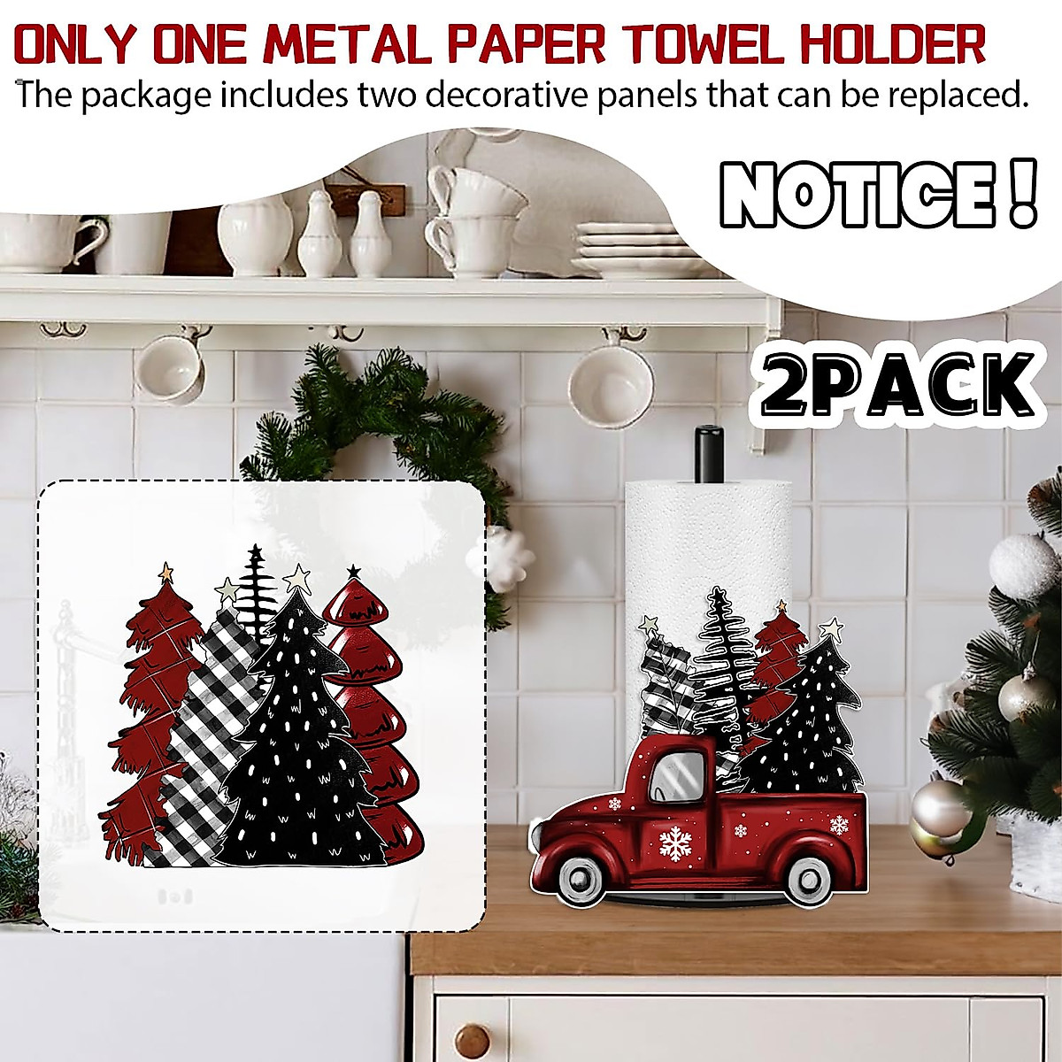 Christmas Paper Towel Holder, Red Truck Christmas Decoration, Buffalo Plaid Christmas Tree Towels Paper Holder for Kitchen Countertop Bathroom Home Farmhouse, Winter Replaceable Xmas Tree Decor Indoor