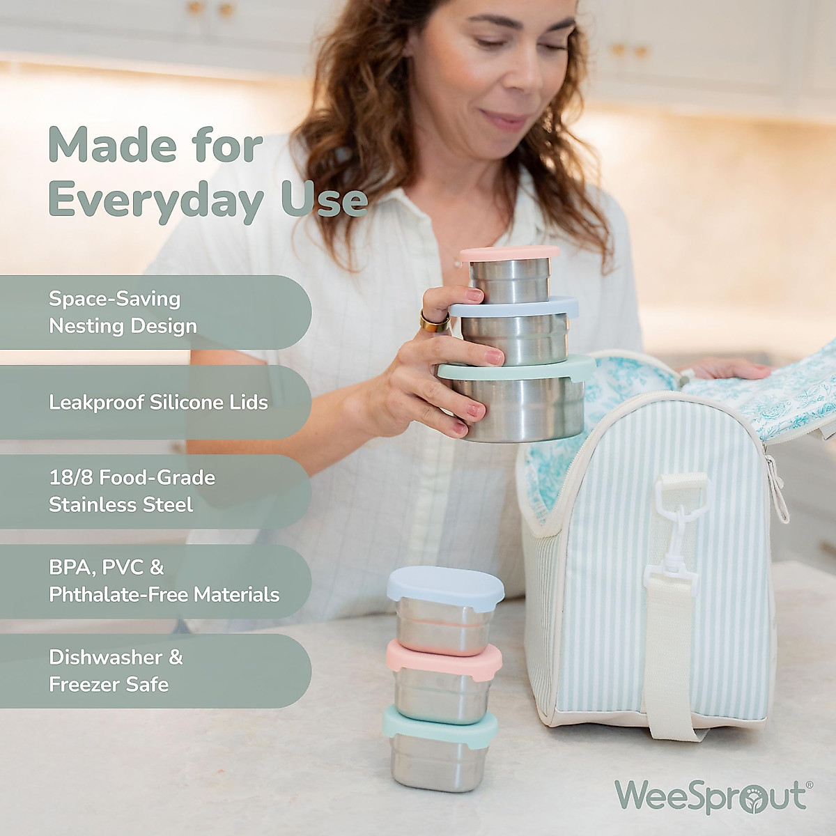 WeeSprout 18/8 Stainless Steel Food Storage Containers - Set of 3 Metal Food Storage Containers (150 ml, 200 ml, 400 ml), Leakproof Silicone Lids, Easy to Open, Durable, for Snacks, Lunches, Sauces