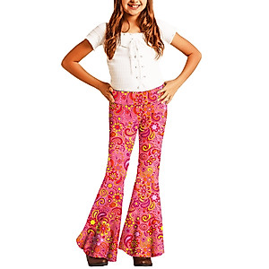 Deerose Hippie Flared Pants for Girls 70s 80s Costume Cute Pink Bell Bottom Floral Print Bootcut 3-4 Years