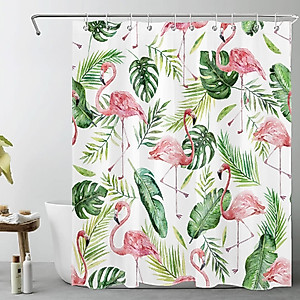 LB Tropical Pink Flamingo Shower Curtain for Bathroom,Sage Green Palm Leaf Monstera and Banana Leaf Fabric Shower Curtain with Hooks,Summer Watercolor Plant Bathroom Curtains Shower Set, 60x72 inches