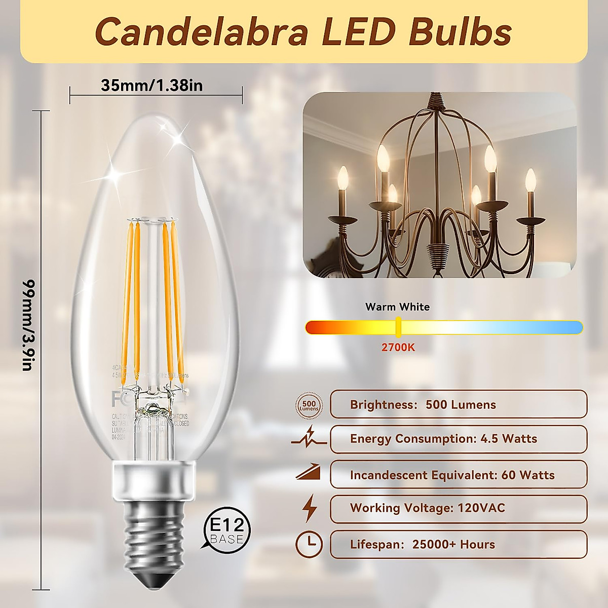 TJOY LED Candelabra Bulbs Dimmable, 60W Equivalent Chandelier Light Bulbs, 4.5W 2700K Warm White, 500LM, E12 Base, B11 Vintage LED Filament Clear Glass Candle Bulb for Ceiling Fan, Chandeliers,12 Pack