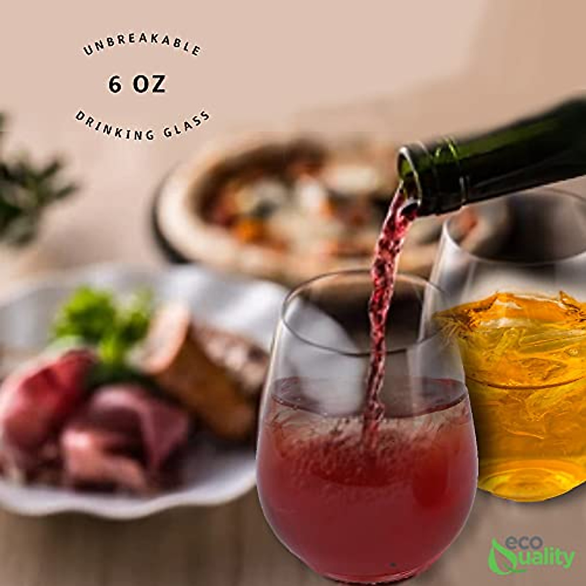 EcoQuality 6 oz Mini Stemless Clear Plastic Wine Glass, Unbreakable Elegant and Reusable Wine Tumbler for Wine Tasting, For Indoor or Poolside Party (8)