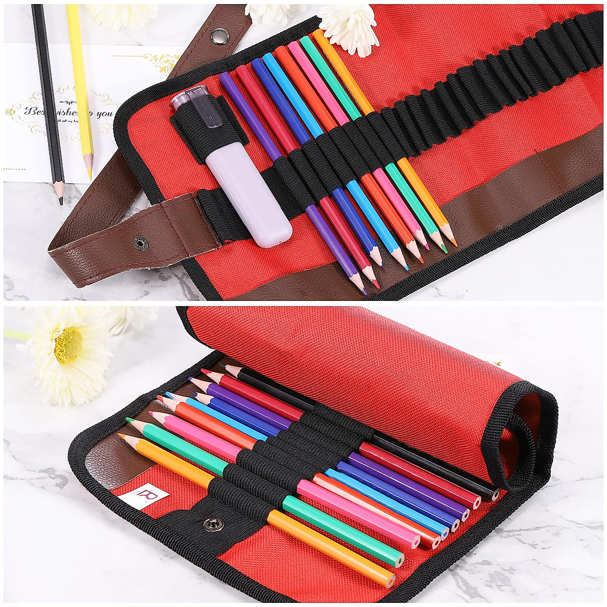 PATIKIL Handmade 24 Slots Roll Up Pencil Case, Oxford Cloth Pencil Wrap Pouch Pen Holder Organizer for Artist Drawing Coloring Sketching, Brown/Black