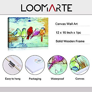 Loomarte Bird Pictures Wall Decor Five Singing Birds Oil Painting Canvas Print Artwork Abstract Painting Walls Art for Home Bathroom Bedroom Kitchen Living Room Ready to Hang, Framed 12x16 inch Panel