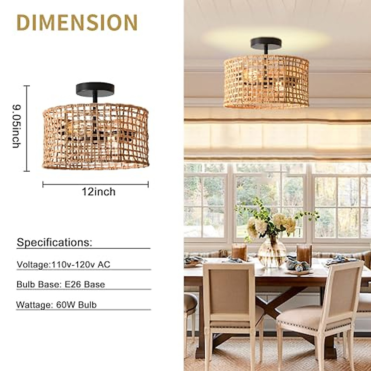 XININSUN Rattan Ceiling Light Fixtures, Boho Woven Semi Flush Mount Ceiling Light,2-Light Rattan Light Fixtures Ceiling Mount,Farmhouse Close to Ceiling Light for Bedroom Hallway Entryway, (000)