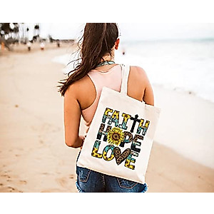 GXVUIS Faith Hope Love Canvas Tote Bag for Women Sunflowers Leopard Print Reusable Grocery Shopping Bags Christian Gifts White