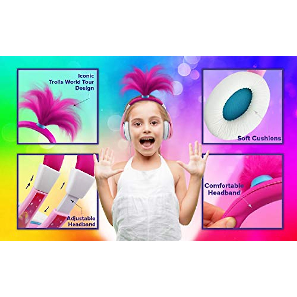 eKids Trolls World Tour Poppy Kids Headphones, Glow in The Dark, Stereo Sound, 3.5mm Jack, Wired Headphones for Kids, Tangle-Free, Volume Control, Childrens Headphones Over Ear for Travel (140)