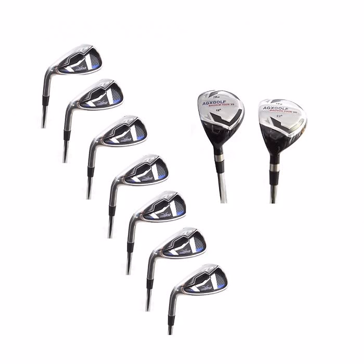 AGXGOLF Men's Left Hand Senior Flex, Extra-Tall +1.5 Inch Length Wide Sole Irons Set (9 Clubs): 3 & 4 Hybrid Irons + 5, 6, 7, 8 & 9 Irons + Wide Sole Pitching Wedge + Bonus Sand Wedge; USA Bilt!