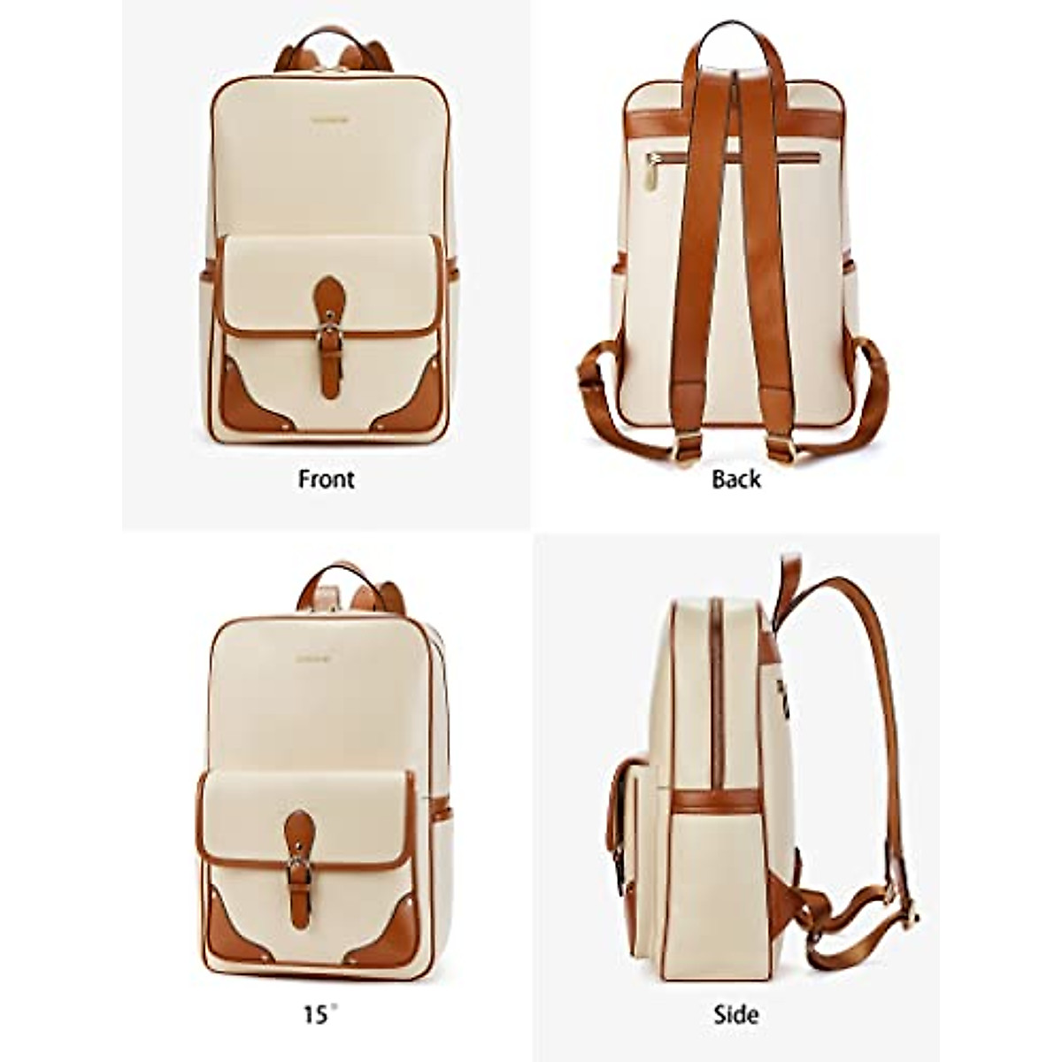 BOSTANTEN Leather Laptop Backpack for Women 15.6 inch Computer Bag Stylish College Daypack Travel Bag Off-white with Brown