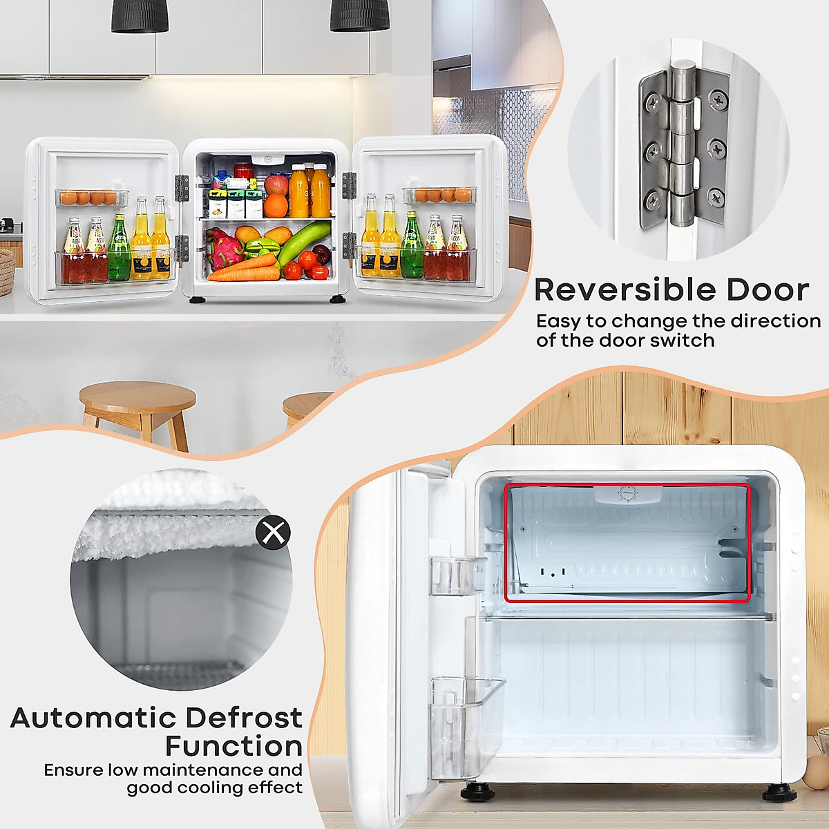 LDAILY Compact Refrigerator, 1.6 cu ft Mini Fridge with Adjustable Temperature 32℉ to 50℉, Auto Defrost, Reversible Door, Removable Glass Shelves, Small Fridge for Dorm, Garage or Office (White)