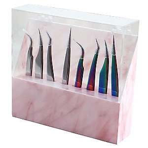Dust-proof Eyelash Tweezers Holder with Cover, Acrylic MarbleTweezer Organizer for Lash Cart (Pink)