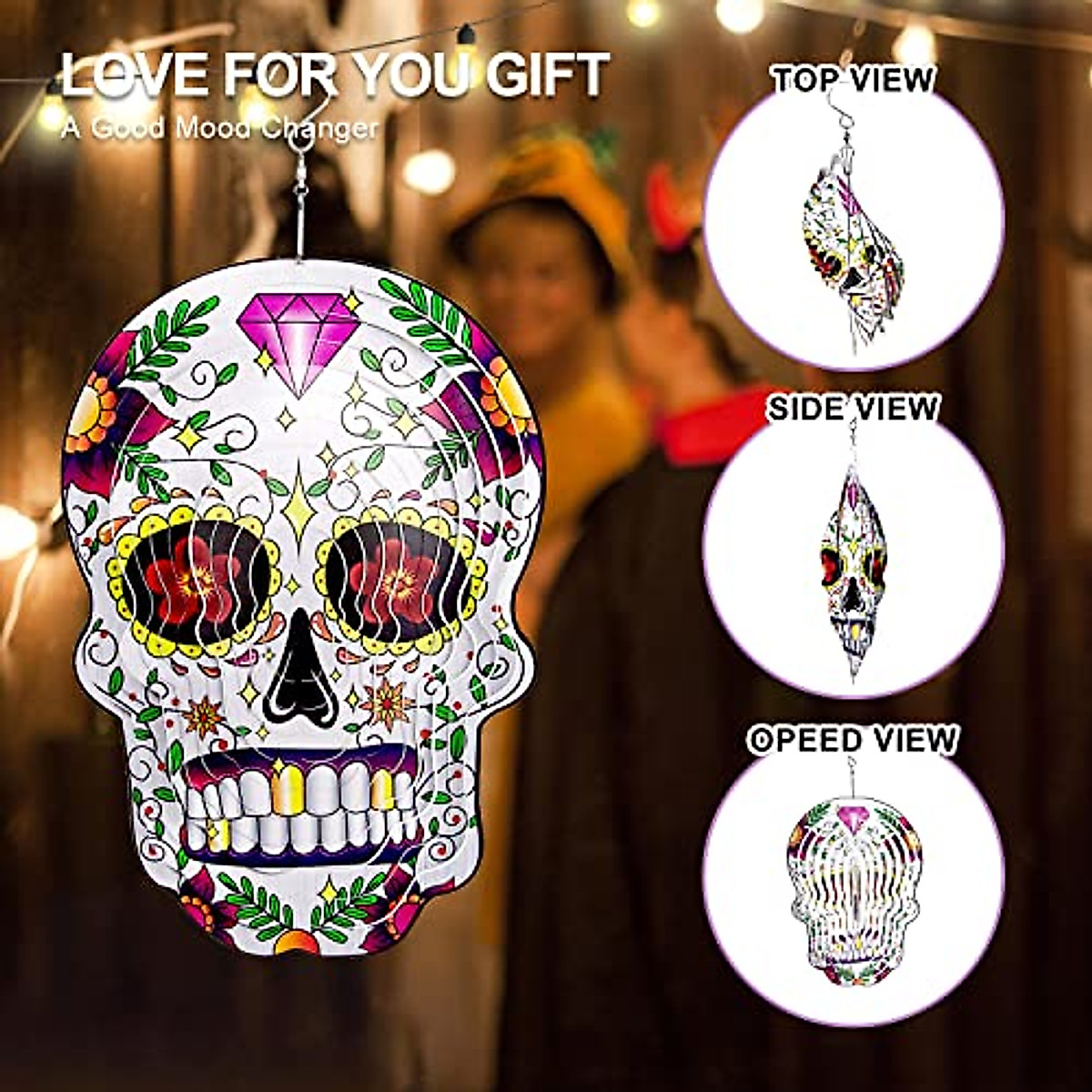 3D Metal Wind Spinner, Sugar Skull Wind Spinner for Yard and Garden Hanging Wind Sculptures Ornament 12in Skull Spinner Gifts for Home and Garden Outdoor Decorations Wind Art Spinning