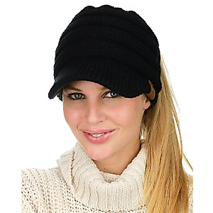 C.C BeanieTail Warm Knit Messy High Bun Ponytail Visor Beanie Cap, Black