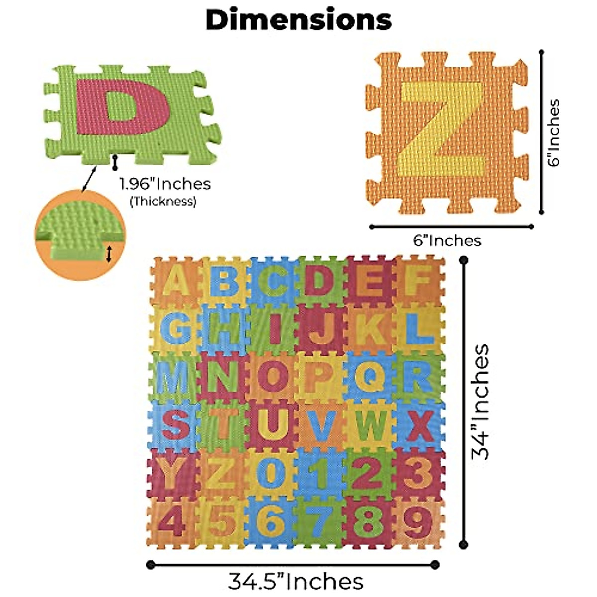 DIMPLE Kids Foam Play Mat (36-Piece Set) 6.25 x 6.25 Inches Interlocking Alphabet and Numbers Floor Puzzle Colorful EVA Tiles Girls, Boys Soft, Reusable, Easy to Clean