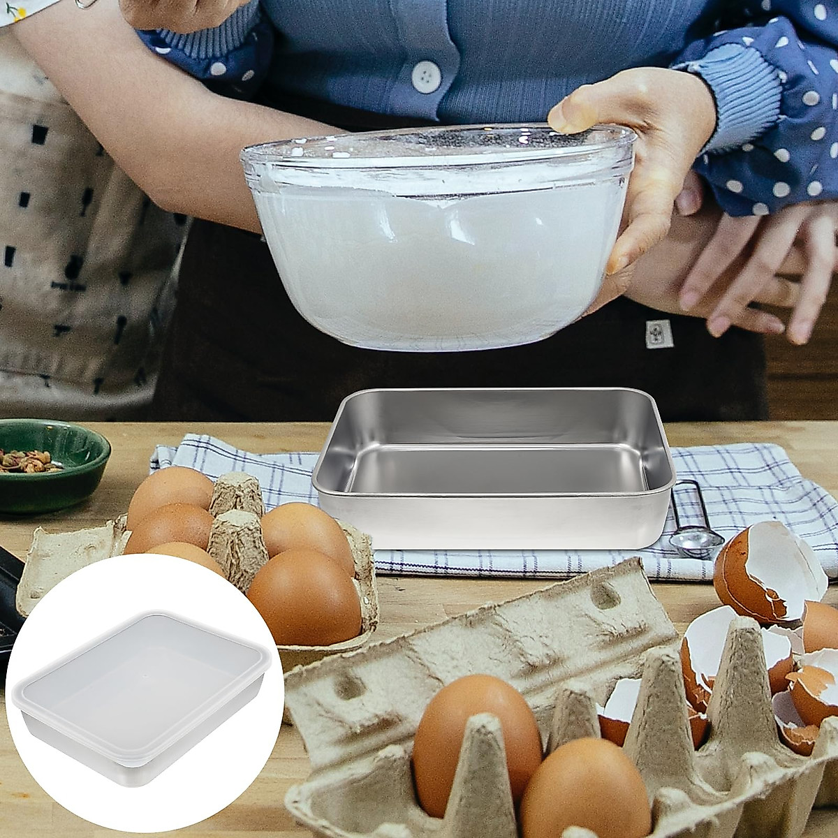 Stainless Steel Baking Pan Cake Pan with Lid BBQ Pan Rectangular Pan Fridge Storage Container Dumpling Storage Box Salad Box Leakproof Metal Food Containers 23X17X5CM
