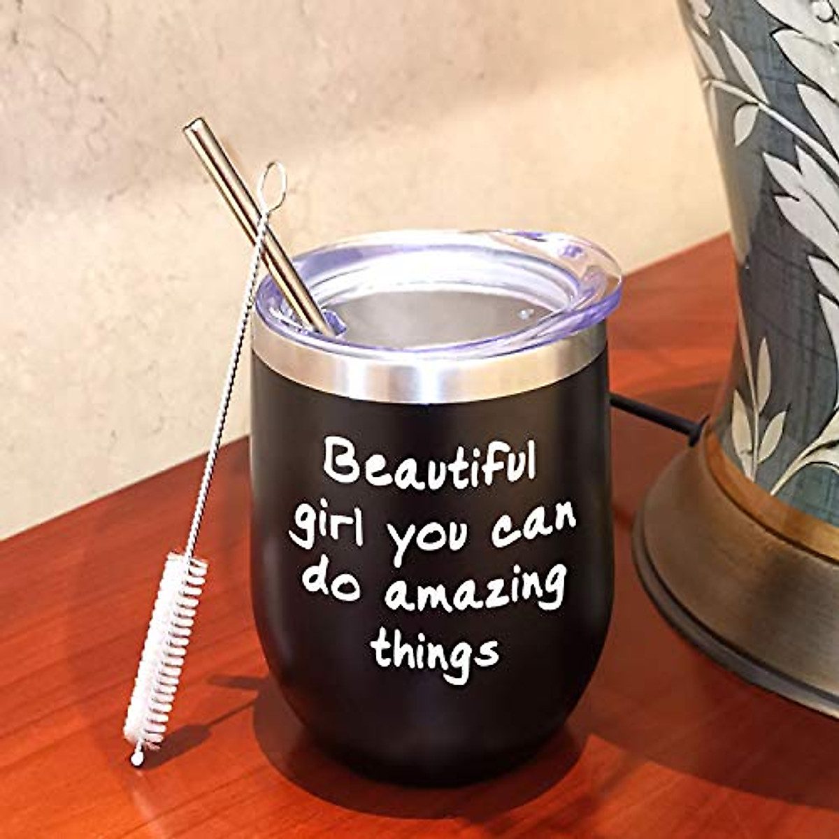 ShangTianFeng Inspirational gifts for women,daughter birthday gift,teenage girls gift, mom gift, best friends gifts,12oz Insulated wine tumbler with lid,beautiful girl you can do amazing things