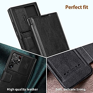 Nillkin Galaxy S22 Ultra Wallet Case, Camera Cover & Card Holder, PU Leather Flip Cover, Slide Protection, 6.8" 5G 2022, Black