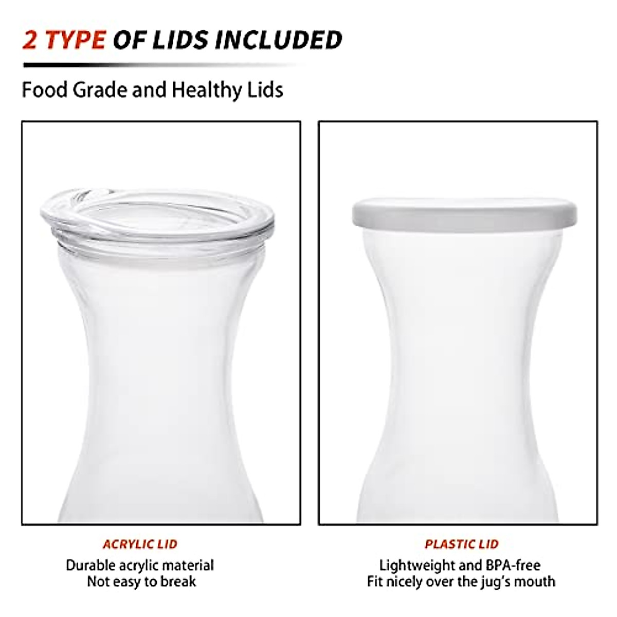 HINGWAH 4 Pack Glass Carafes with Lids, 33 OZ (1 Liter) Glass Water Pitcher Beverage Jug Set, Glass Pitchers Juice Containers for Mimosa Bar Supplies, Parties, Brunch, Iced Tea, Lemonade, Milk