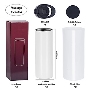 8 Pack Sublimation Tumblers Bulk, 20 OZ Skinny Straight Sublimation Sports Tumbler Blanks, Double Wall Stainless Steel Sublimation Water Bottle Bulk with Portable Handle, Individually