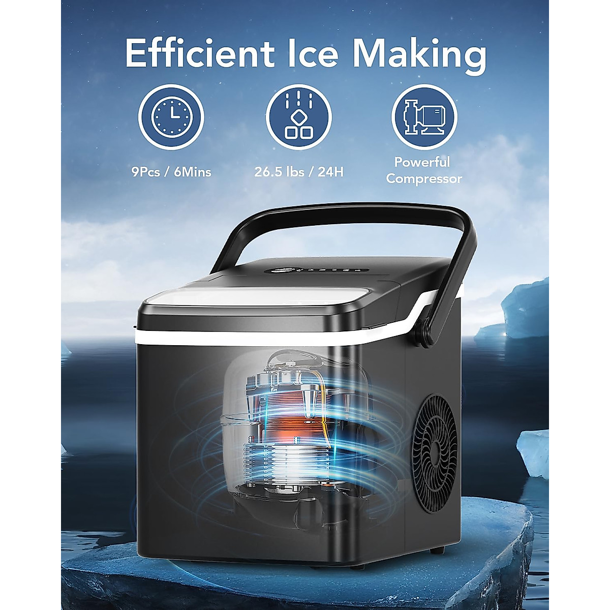 Kndko Ice Maker Countertop, Portable Ice Maker Machine with Handle, 26.5Lbs/24H, 9Pcs/6Mins, 2 Sizes of Bullet Ice, Self-Cleaning, Basket and Scoop, Ideal for Home/Office/Outdoor Use, Black