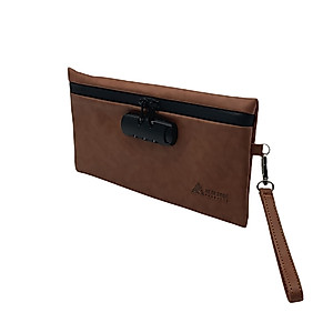 iRenegade locking cash drop money bag with 3 digit personal combination lock travel security leather finish wristlet clutch bag odor absorbing + smell proof (lite brown)