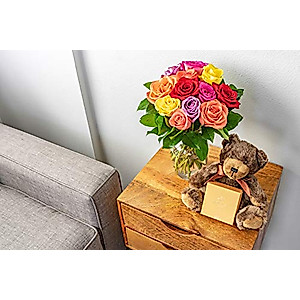 From You Flowers - One Dozen Rainbow Roses with Chocolates & Bear with Free Vase (Fresh Flowers)
