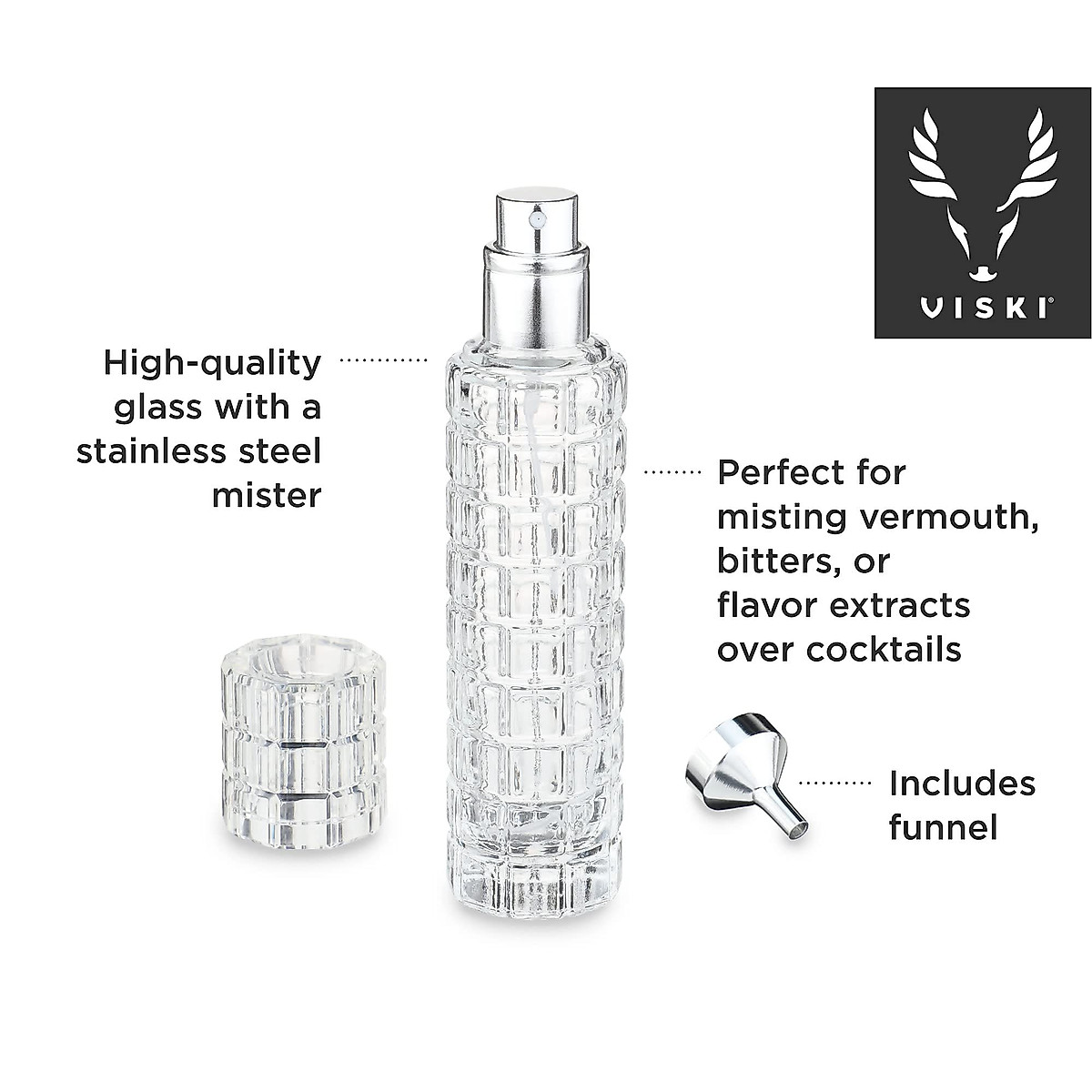 Viski True Martini Atomizer Perfect for Vermouth or Bitters, Spray Bottle, Travel Fragrance, DIY, Refillable Sprayer, Stainless Steel, Bar Accessory, 30 ml, Set of 1, Clear