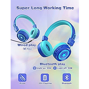 Link Dream Kids Bluetooth Headphones with Microphone for School On-Ear Headphone Toddler Children Wireless Headphone Headset with LED Lights Compatible with Cellphone/Computer/Tablet/iPad (Blue)