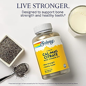 Solaray Cal-Mag Citrate 1:1 Ratio with Vitamin D-2, Calcium Citrate and Magnesium Citrate, Healthy Teeth, Muscle, and Bone Strength Supplements, Lab Verified, 60-Day Money-Back Guarantee, 30 Servings, 180 VegCaps