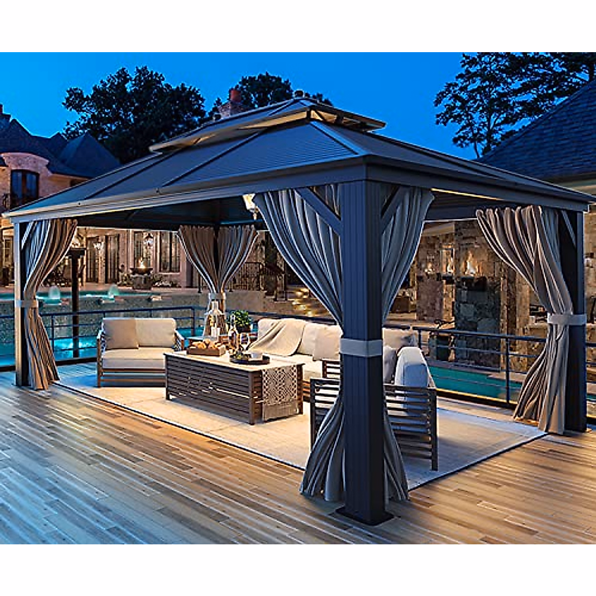 MELLCOM 10' x 13' Hardtop Gazebo, Galvanized Steel Metal Double Roof Aluminum Gazebo with Curtains and Netting, Brown Permanent Pavilion Gazebo with Aluminum Frame for Patios, Gardens, Lawns